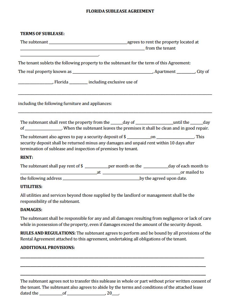 Free Florida Sublease Agreement PDF DOCX Template